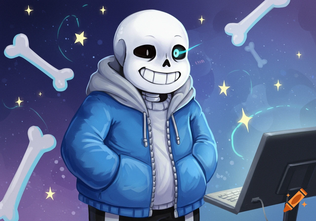 Sans the skeleton in a blue hoodie smiles with a glowing blue eye ...