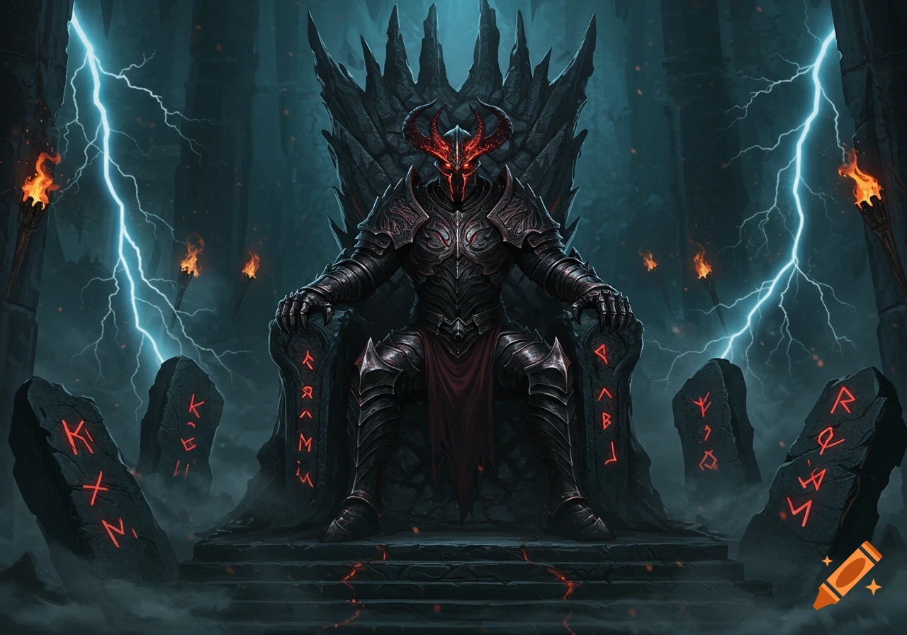 A dark armored demon with horns stands amidst a fiery, volcanic ...