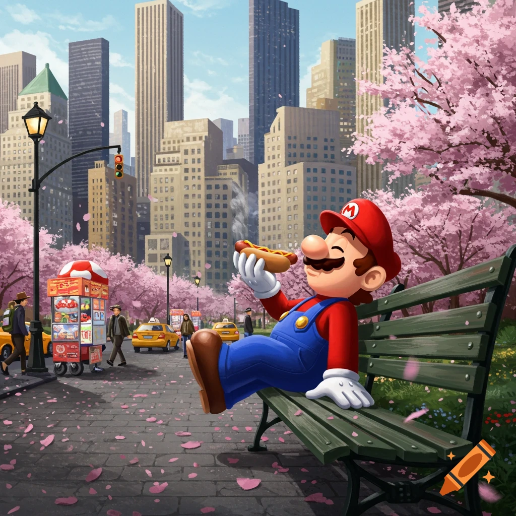 Super Mario sits on a park bench eating a hotdog, surrounded by pink ...