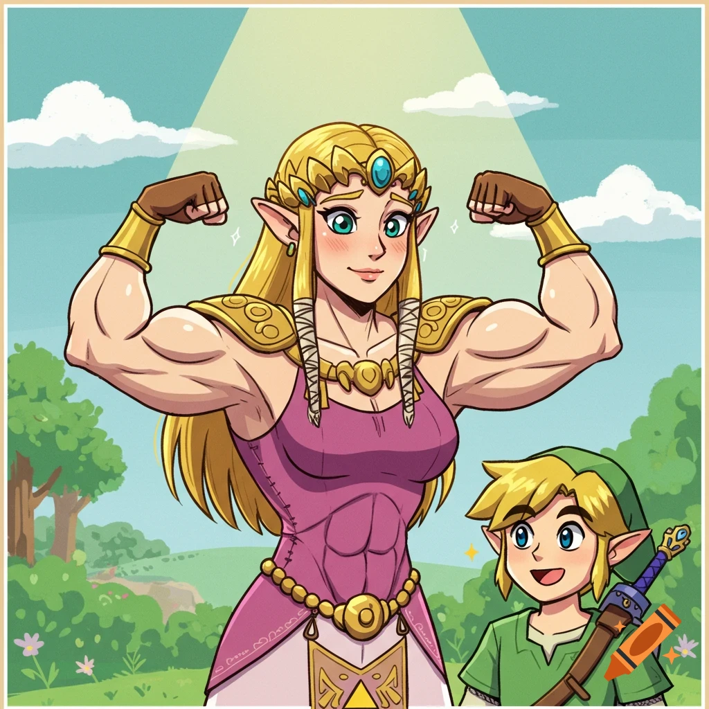 Link flexes his bicep for a surprised Princess Zelda in a sunny ...