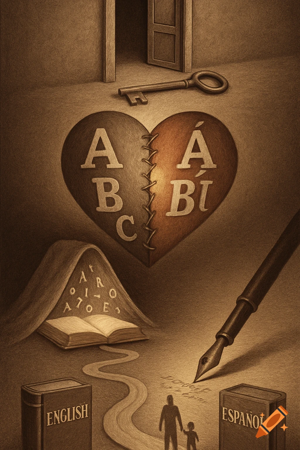 Sepia-toned symbolic image showing a stitched heart with ABC letters ...