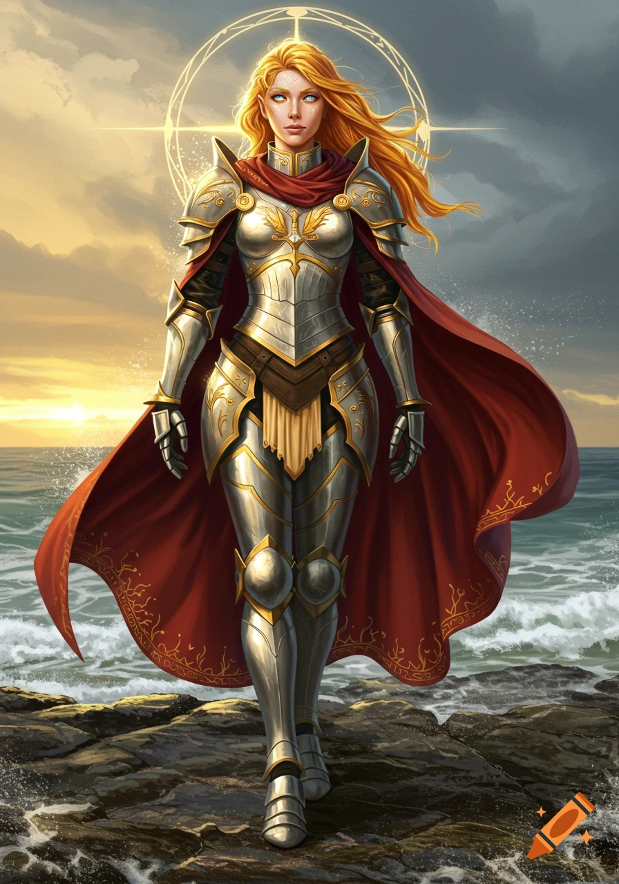 A tall, armored male figure with long blonde hair and blue eyes stands in a dark, misty forest ...