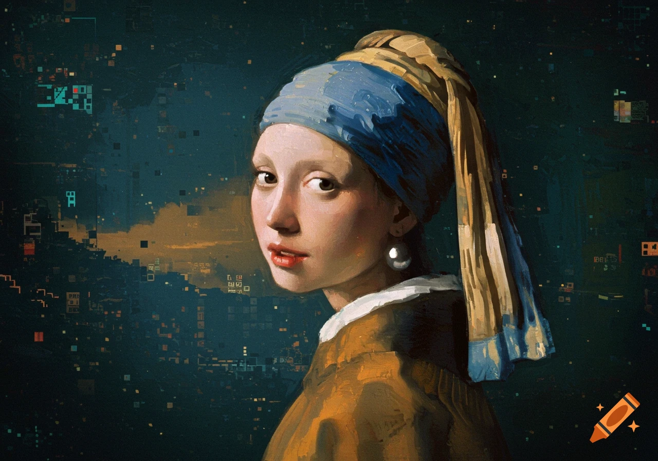 The Girl with a Pearl Earring painting with a modern silver camera ...