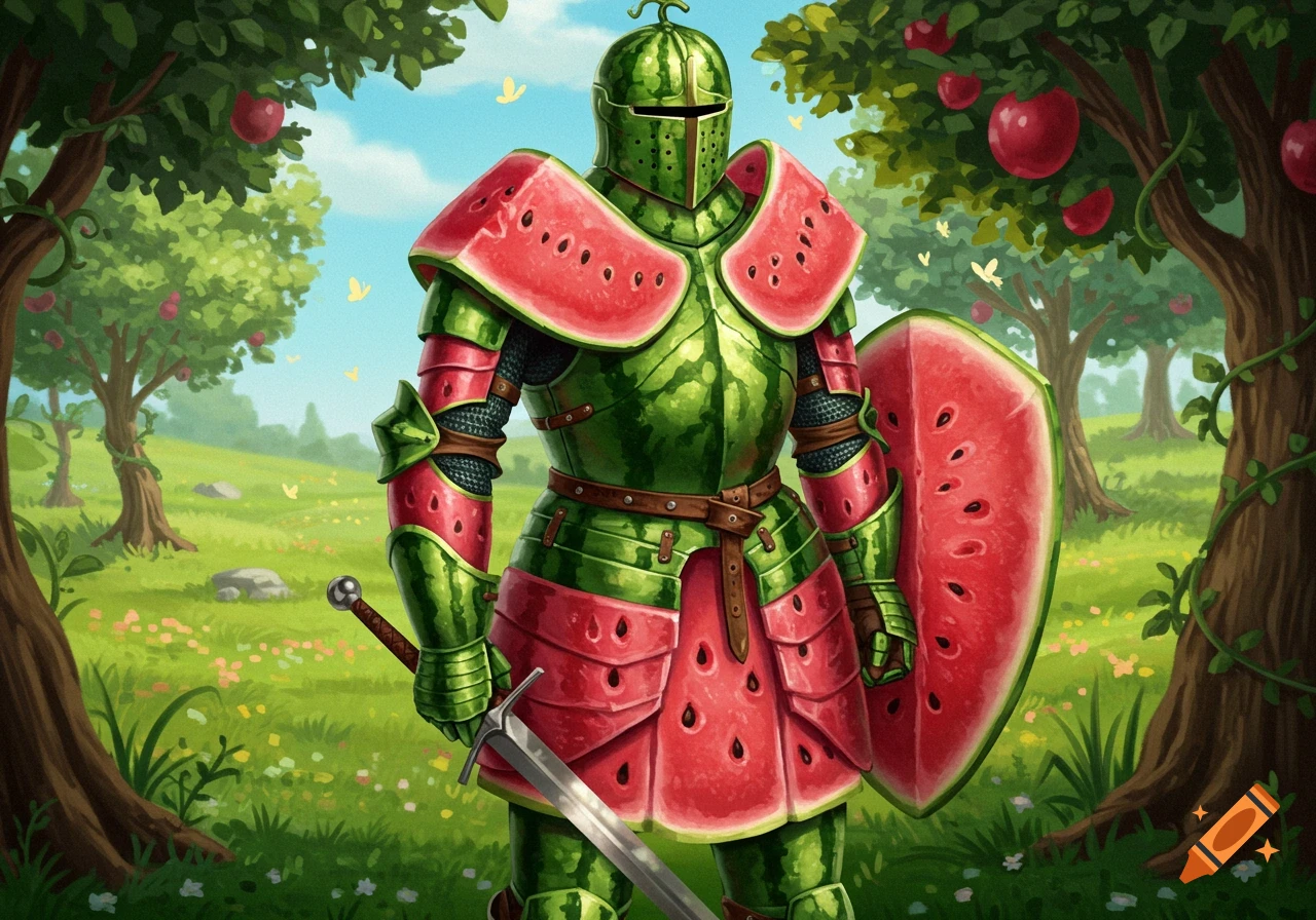 A knight in green and red watermelon-themed armor stands in a lush ...