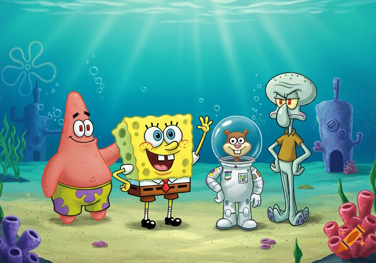 Spongebob, Patrick, Sandy, Mr. Krabs, Squidward, and Plankton happily ...