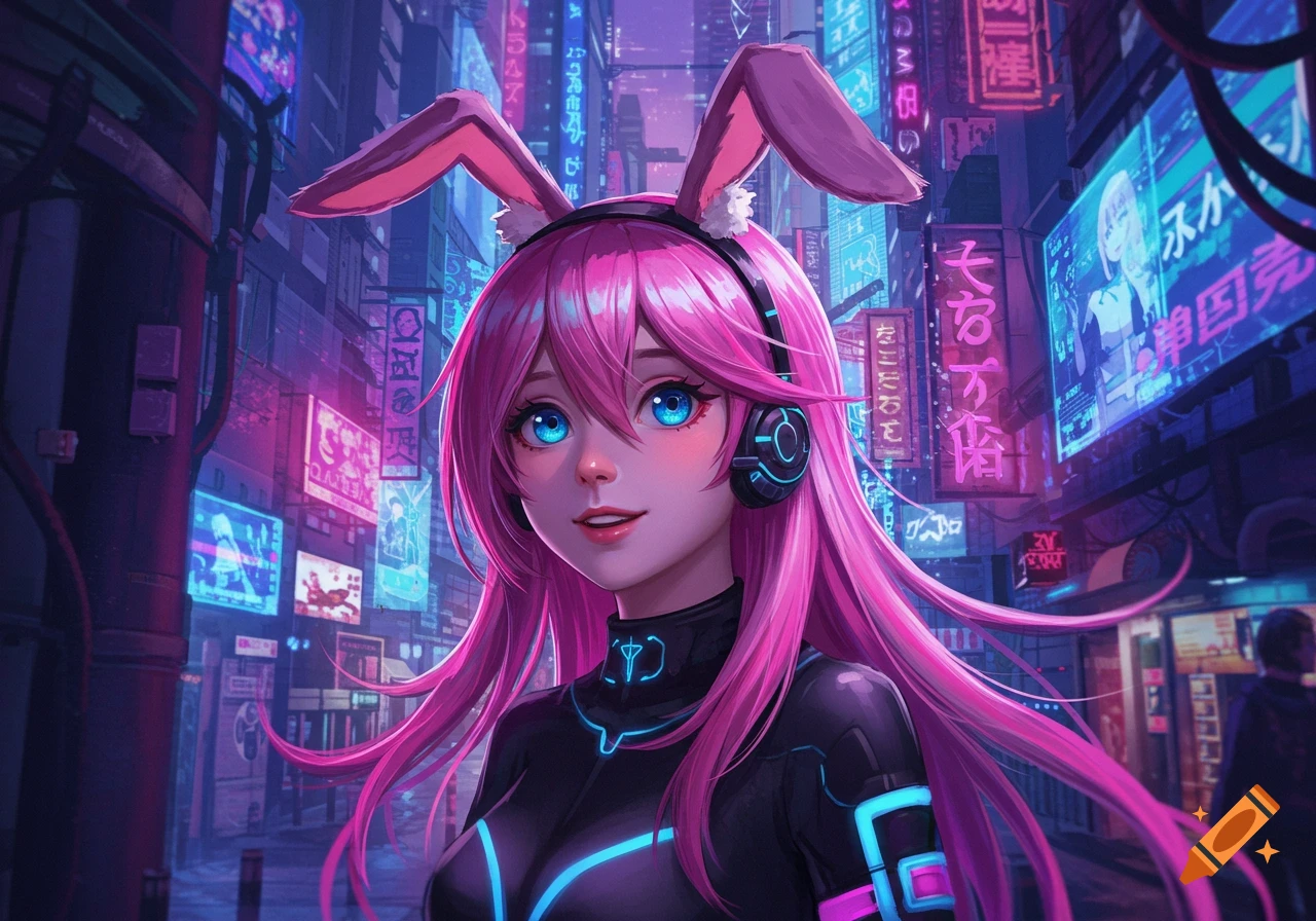 A pink-haired robot girl wearing headphones stands in a futuristic ...