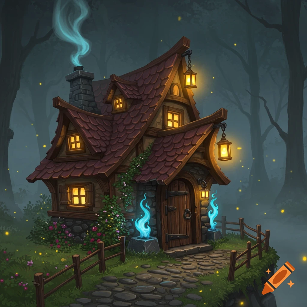 A rustic wooden cabin with a stone path sits deep within a mystical ...