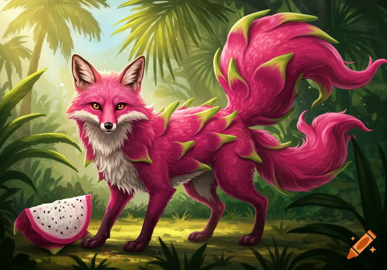 A vibrant pink and green dragon fruit fox with white fur stands in a ...