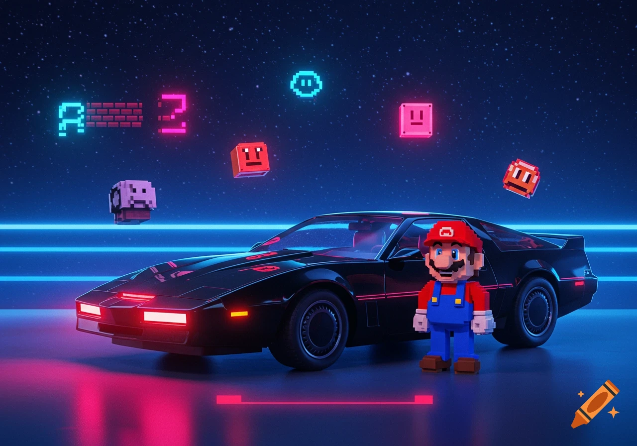Pixel art Mario stands next to a black retro sports car under a neon ...