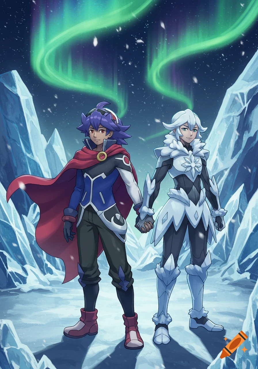 Anime-style characters Leon and Grusha from Pokémon hold hands in a ...