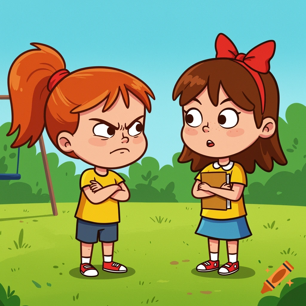 A cartoon boy with a tall striped hat and cross eyes stands next to an ...