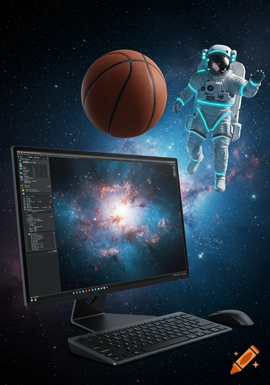 An astronaut, a basketball, and a computer monitor showing a galaxy ...