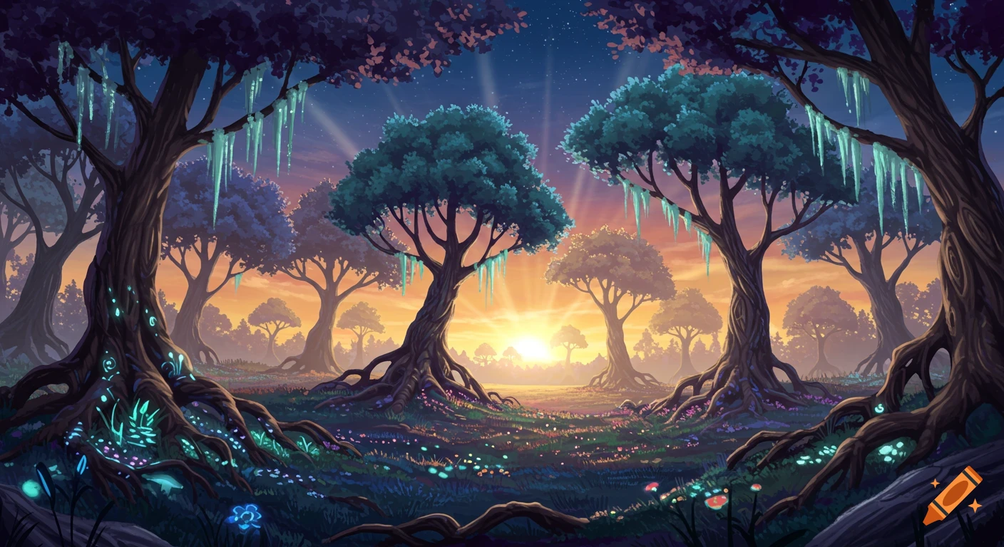 Fantasy illustration of a twilight forest with tall trees, glowing path ...