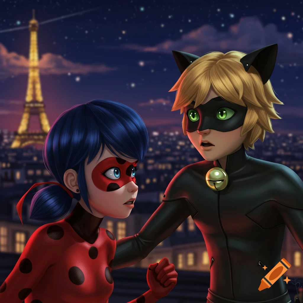 Animated Ladybug and Cat Noir looking surprised on a Paris rooftop at ...
