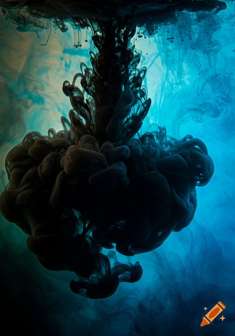 Dark, swirling ink plumes disperse into vibrant blue and subtle yellow water, creating an ...