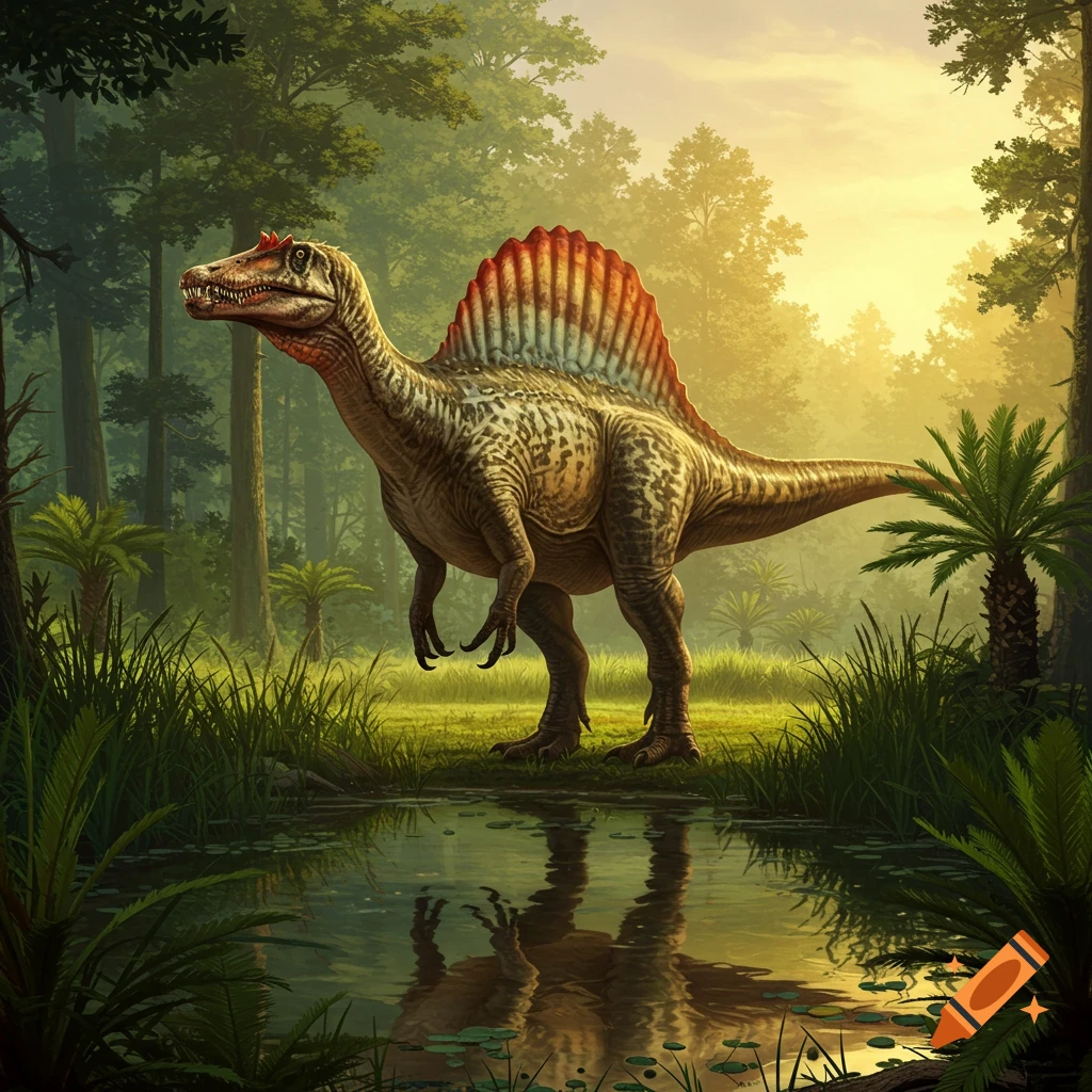 A small, primitive human figure confronts a large Komodo dragon in a ...