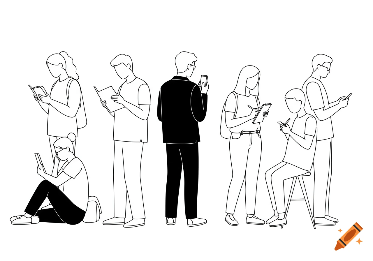 A black and white stick figure sits at a table writing in a notebook ...