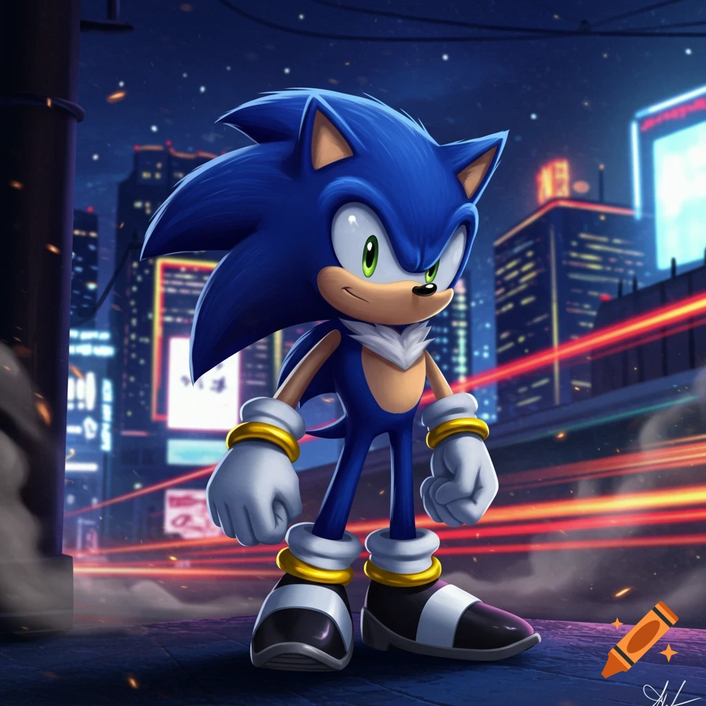 Sonic the Hedgehog stands in a cyberpunk cityscape at night, rendered ...