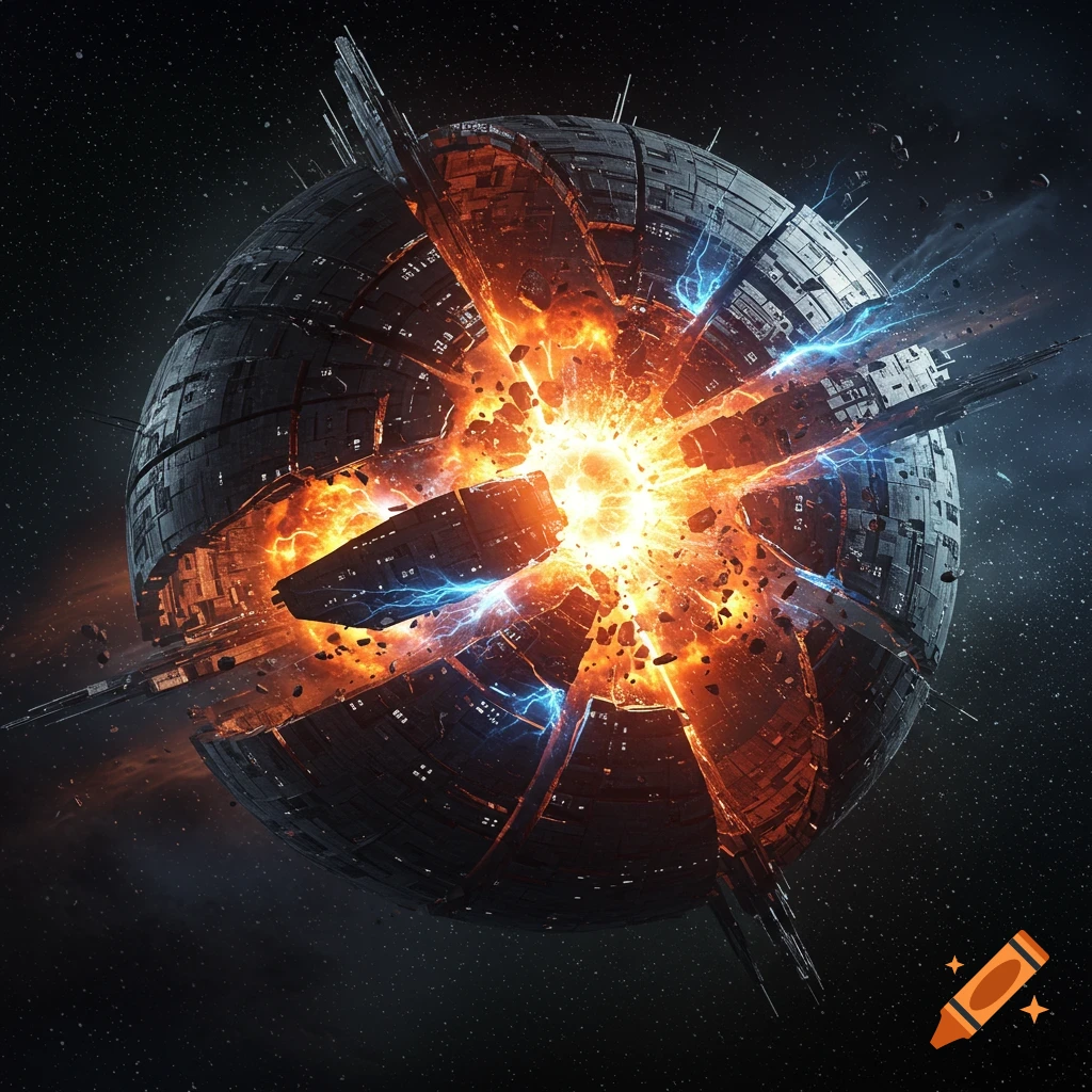 A massive explosion with fire, smoke, and debris erupting from a ...