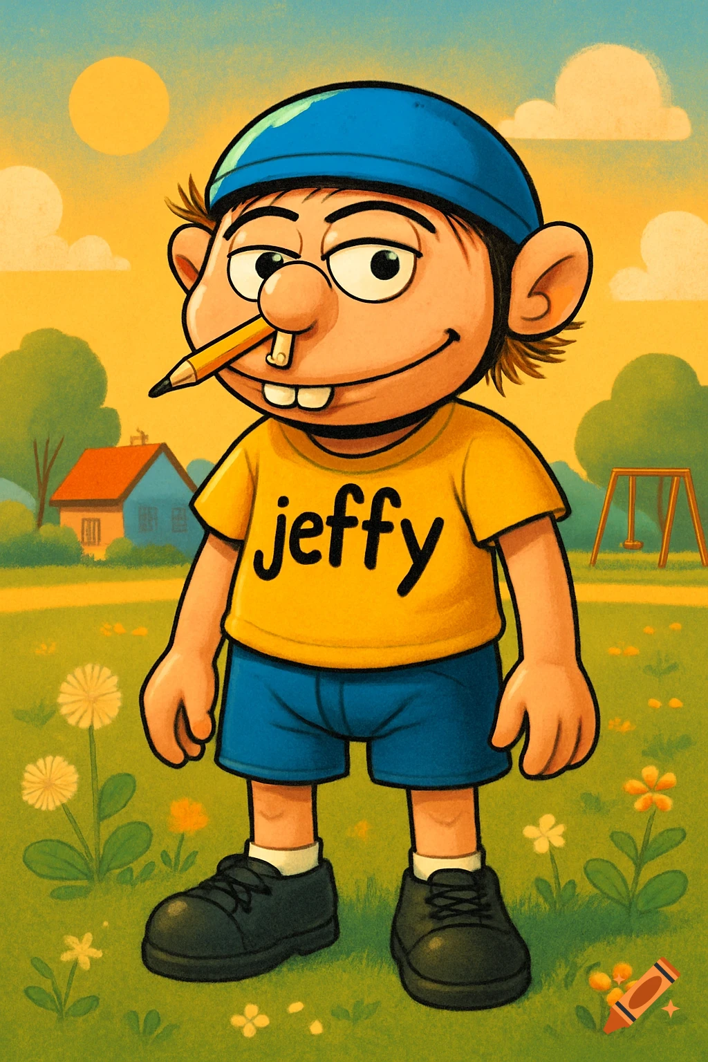 Cartoon character Jeffy with a blue helmet, yellow 'jeffy' shirt, blue ...