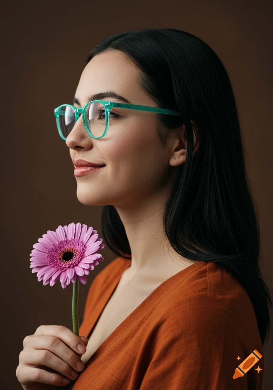 A realistic profile photo of a woman with black hair, aqua glasses, and ...