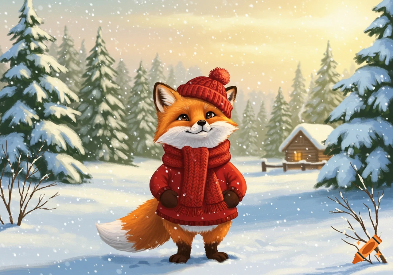 A cute chibi cartoon fox wearing a scarf and hat, making a snowman in a ...