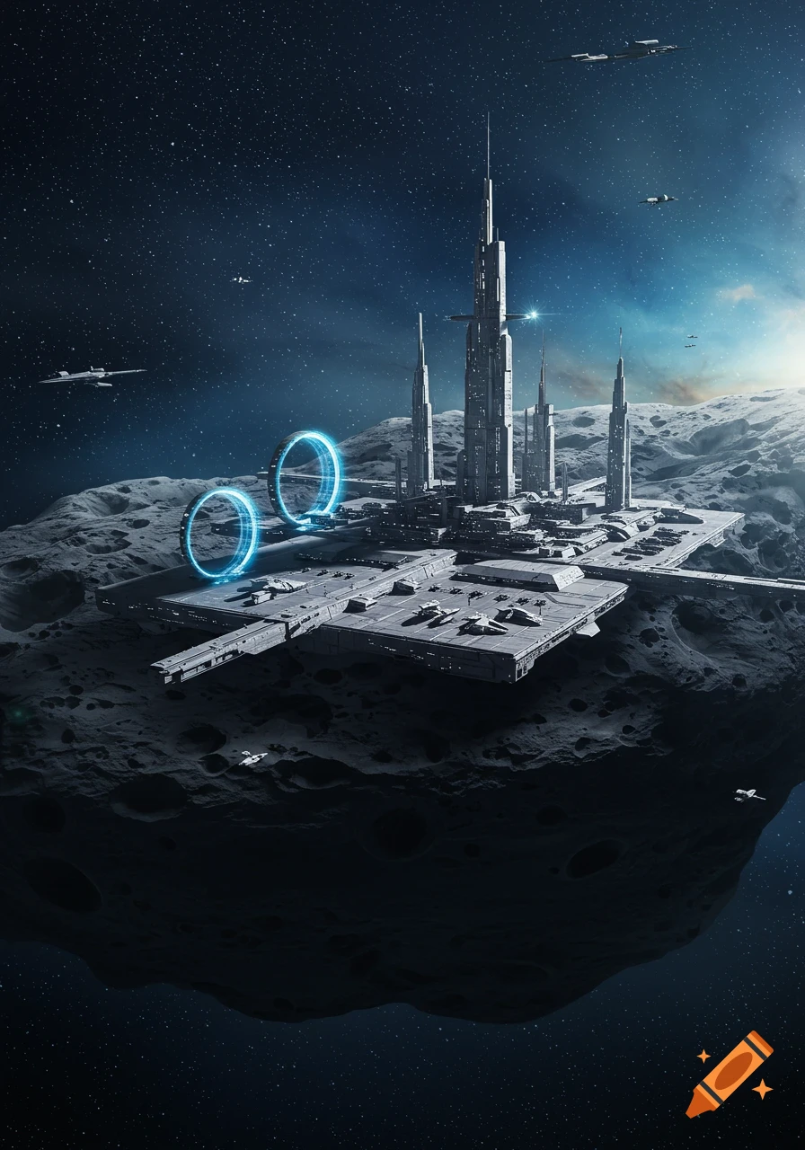 A futuristic magnetic track with glowing logistic vehicles extends ...