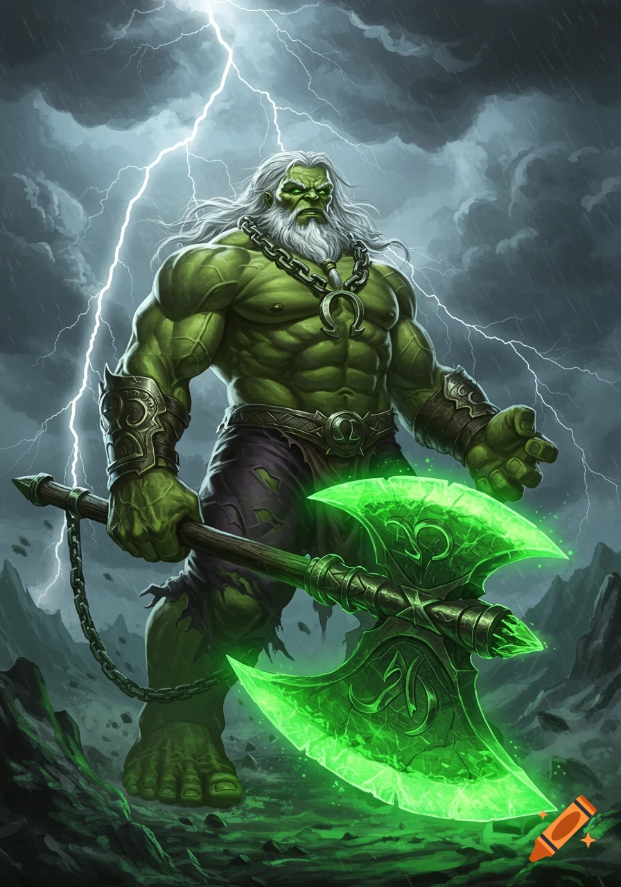 A muscular green lizardman warrior stands on a rock, holding a glowing ...