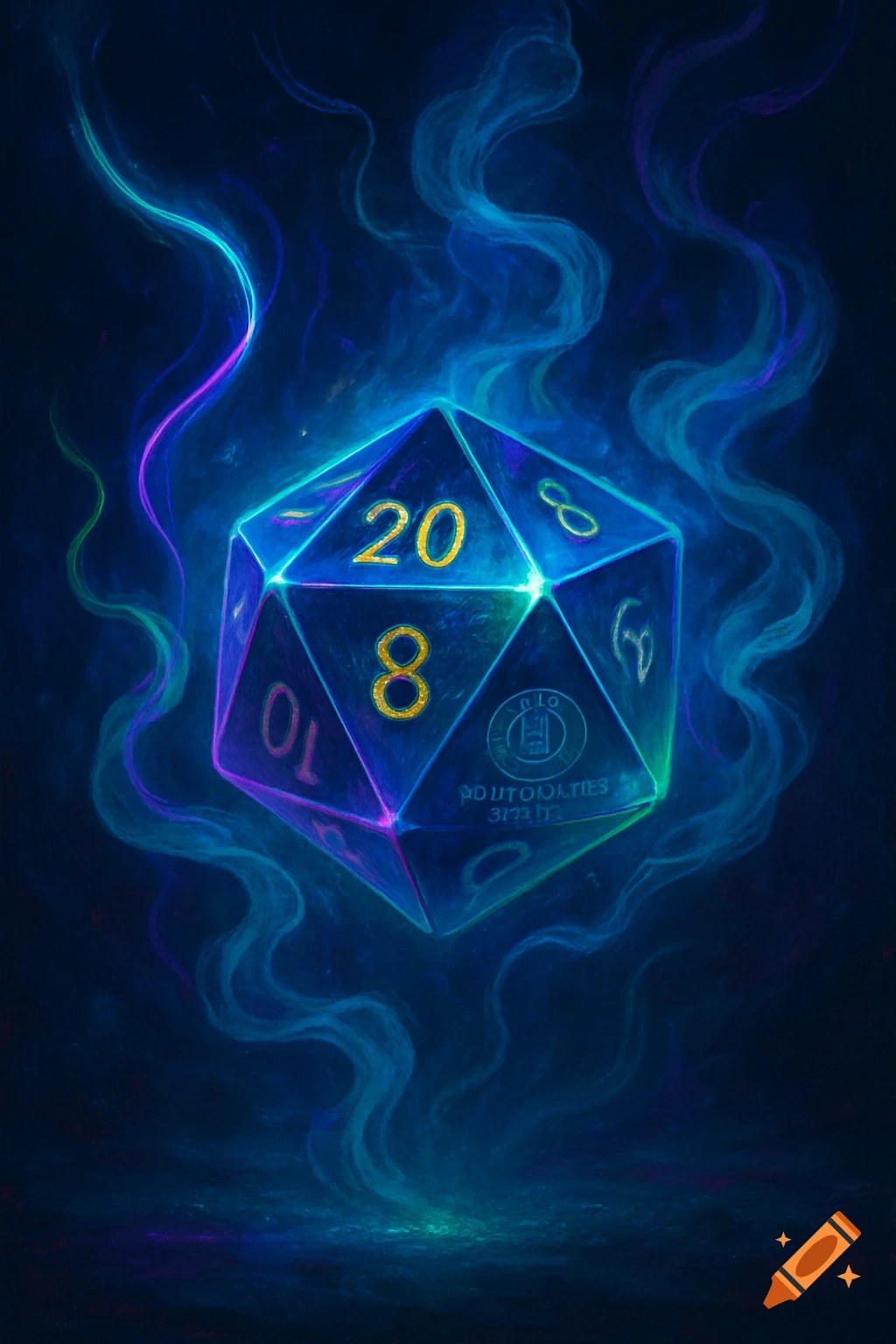 A glowing D20 die nested in a sparkling crescent moon against a ...