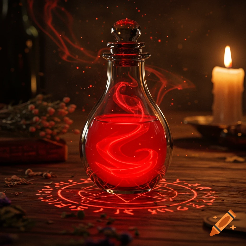 Glowing pink, purple, and red potions on a wooden table with candles in ...