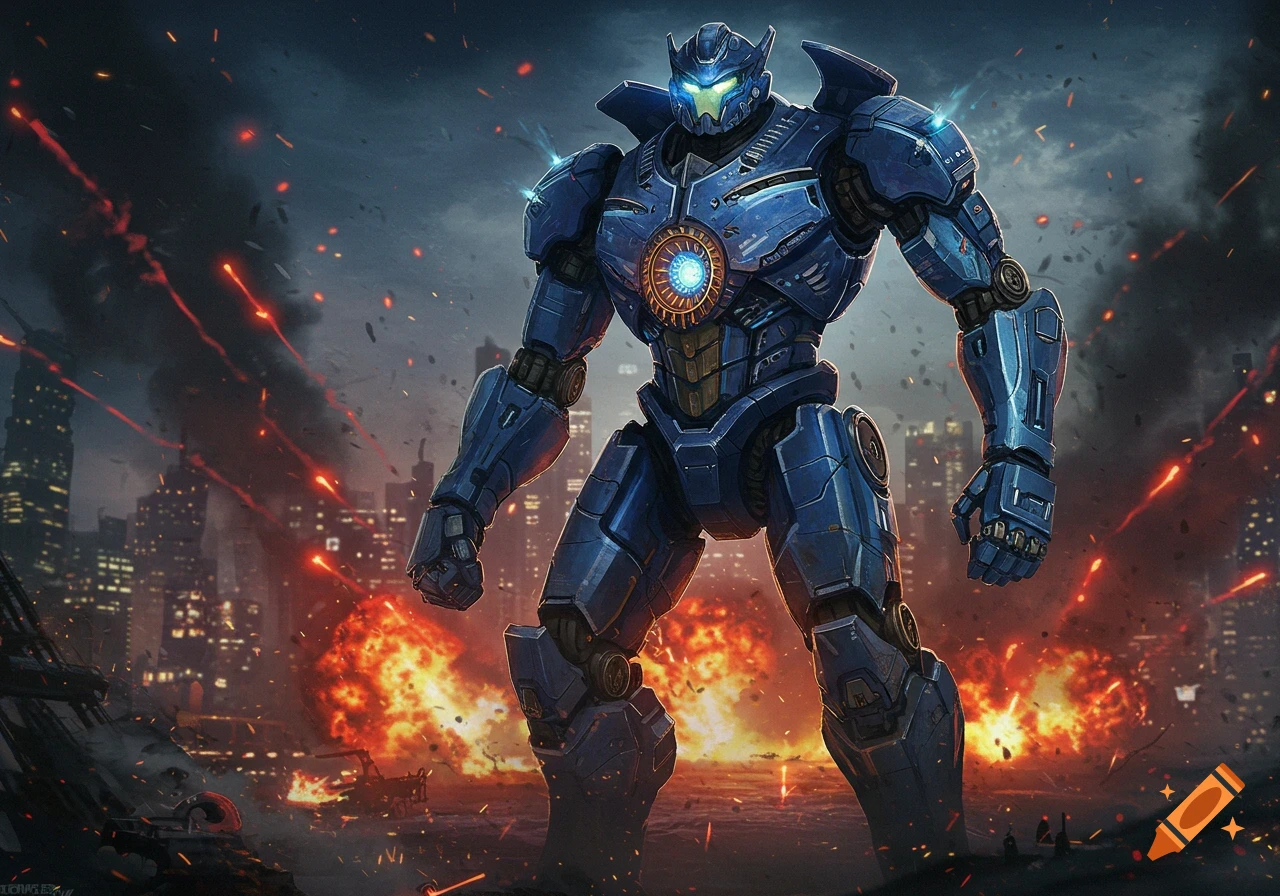 A massive, muscular dark green robot with glowing eyes stands in the ...