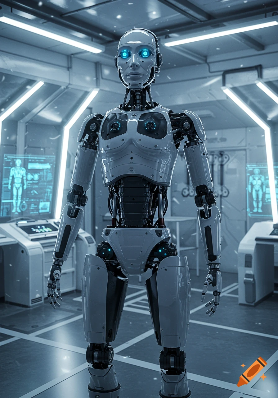A humanoid robot with a metallic body and glowing blue eyes stands in a ...