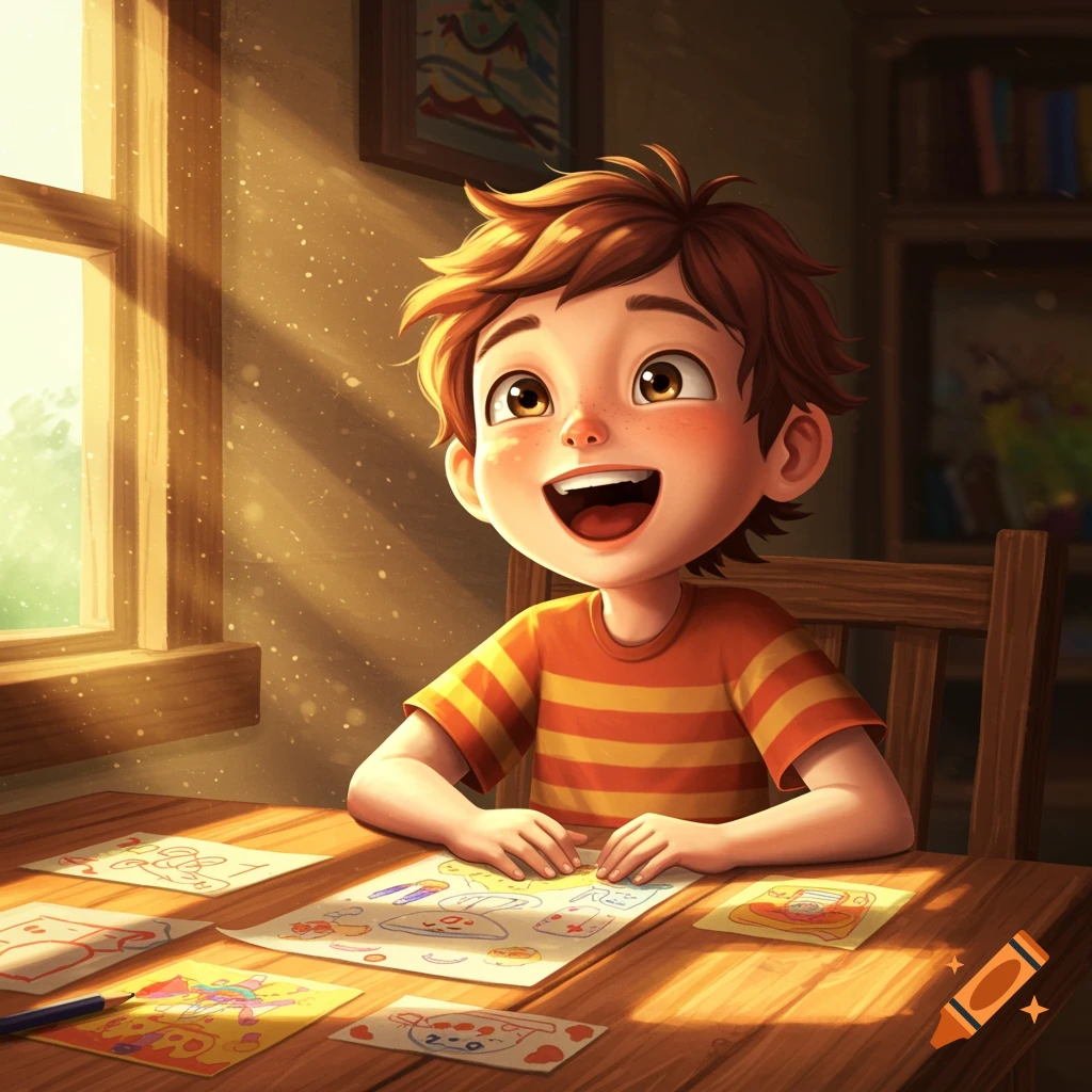 A cartoon boy with brown hair and a green striped shirt slips on a red ...