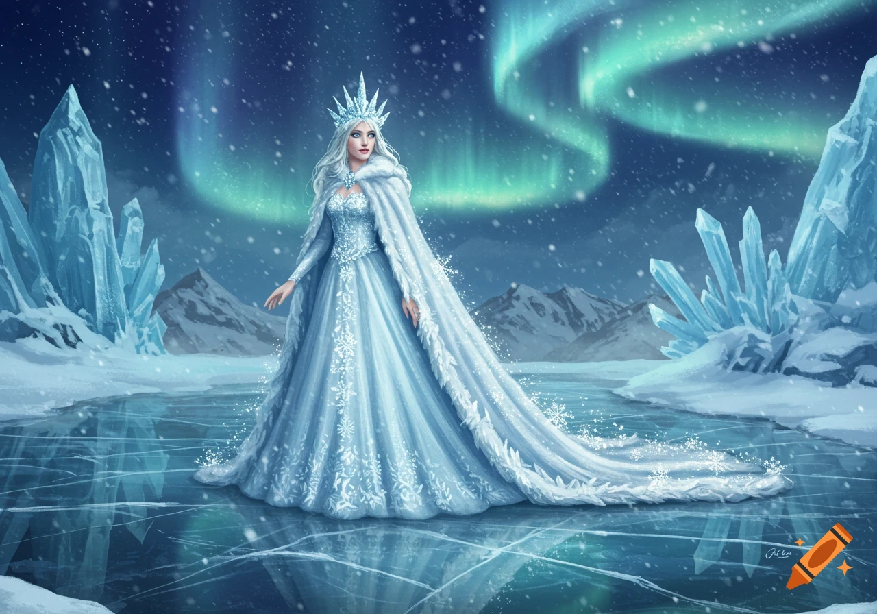 Elsa from Disney's Frozen stands on an ice lake under the aurora ...