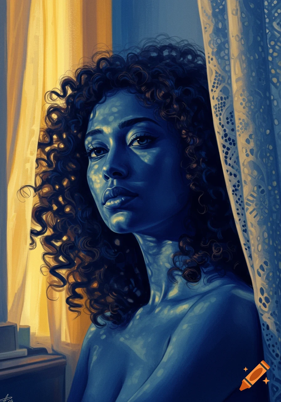 An illustration of a woman with long black hair crouching under a lemon ...