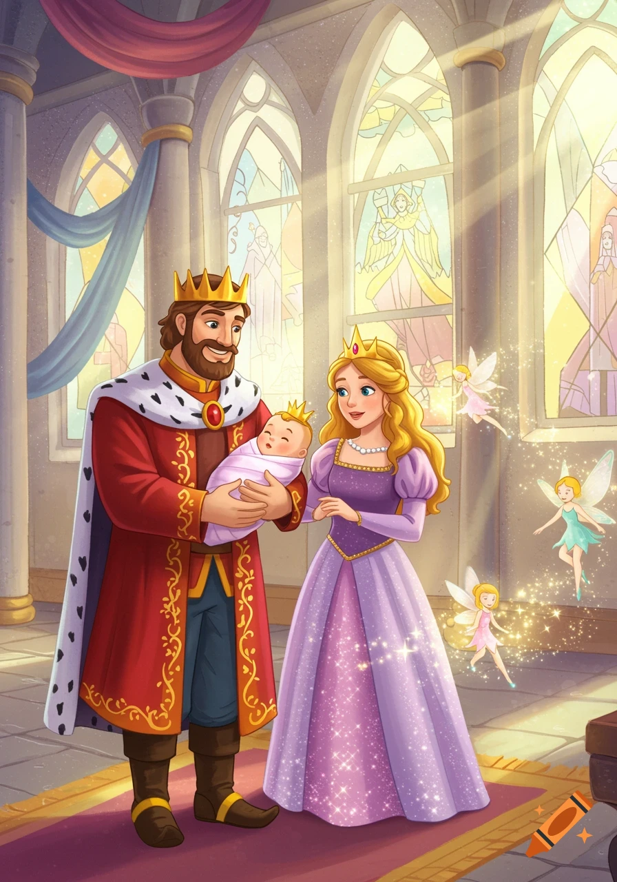 A cartoon king and queen hold their baby princess in a magical castle ...