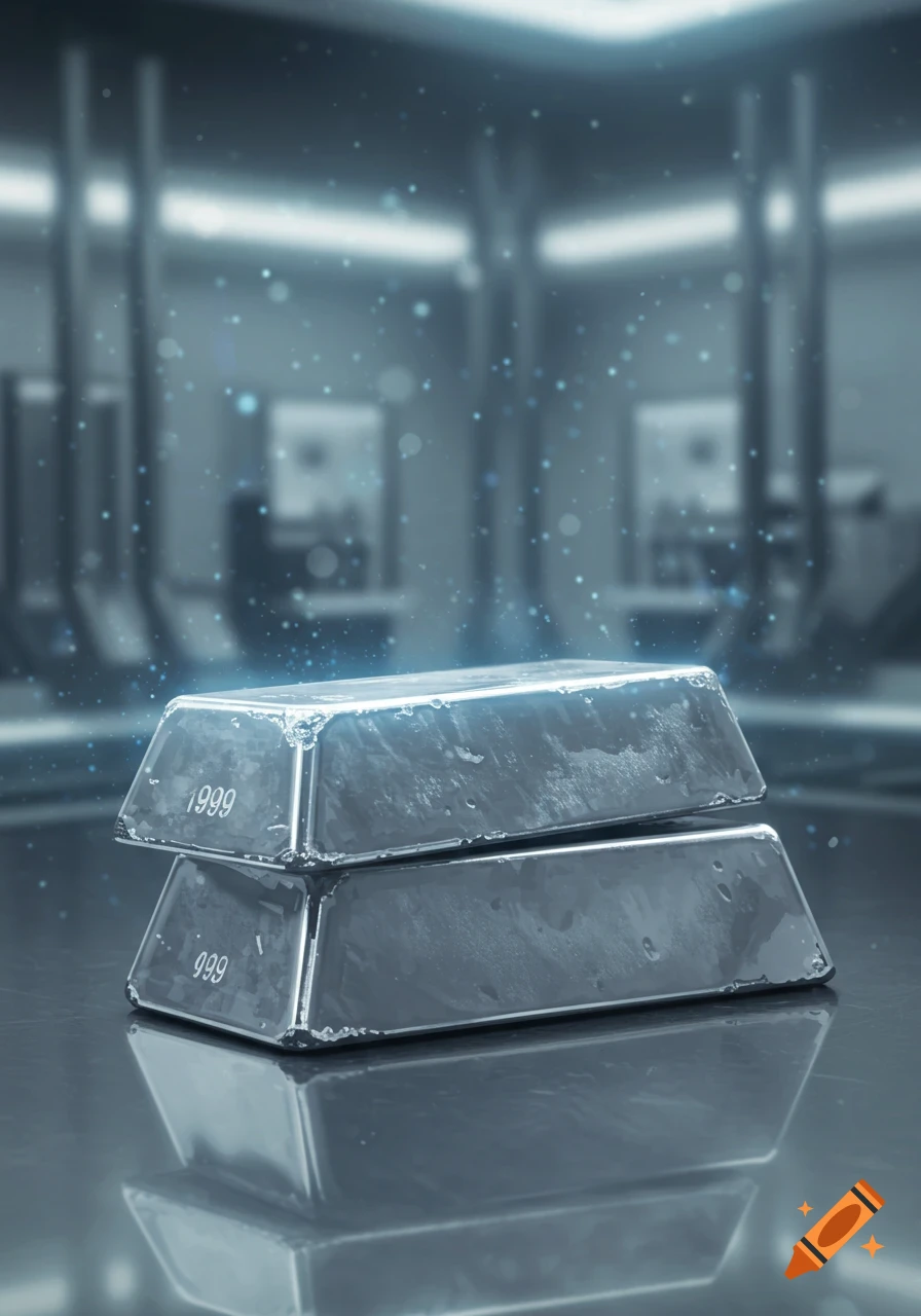 Two shiny silver-colored metal ingots, with '1999' and '999' stamped on ...