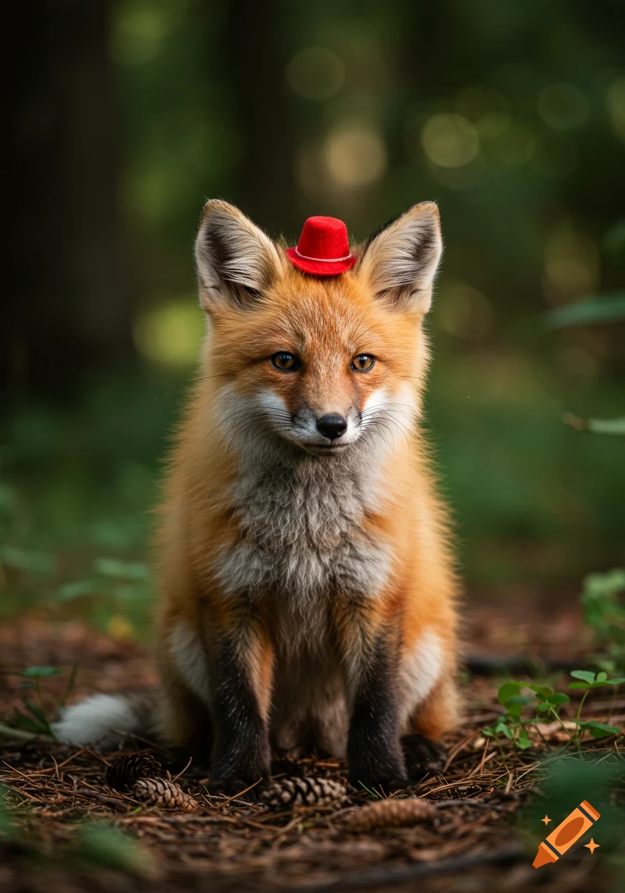 A cute fox wearing a red hat stands in a lush green forest. on Craiyon