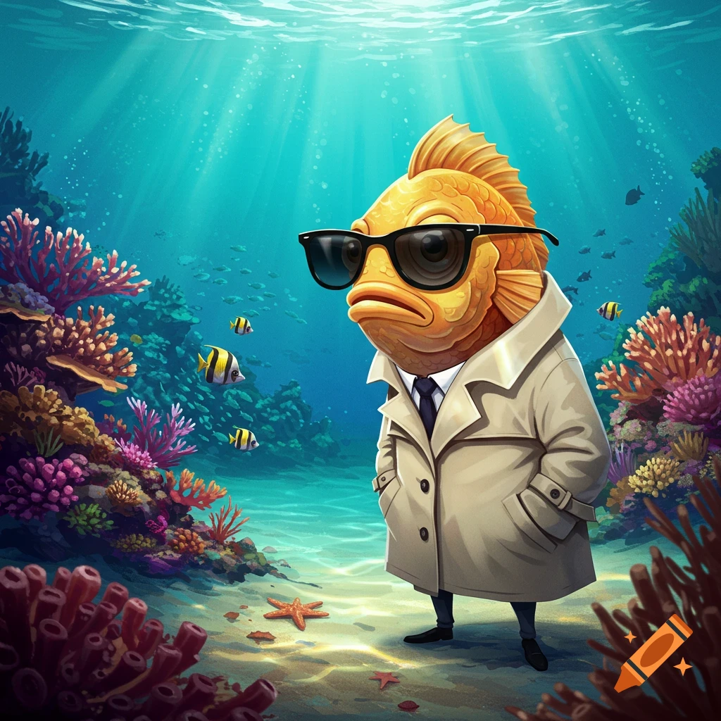 A cool cartoon fish wearing sunglasses and a trench coat stands on the ...