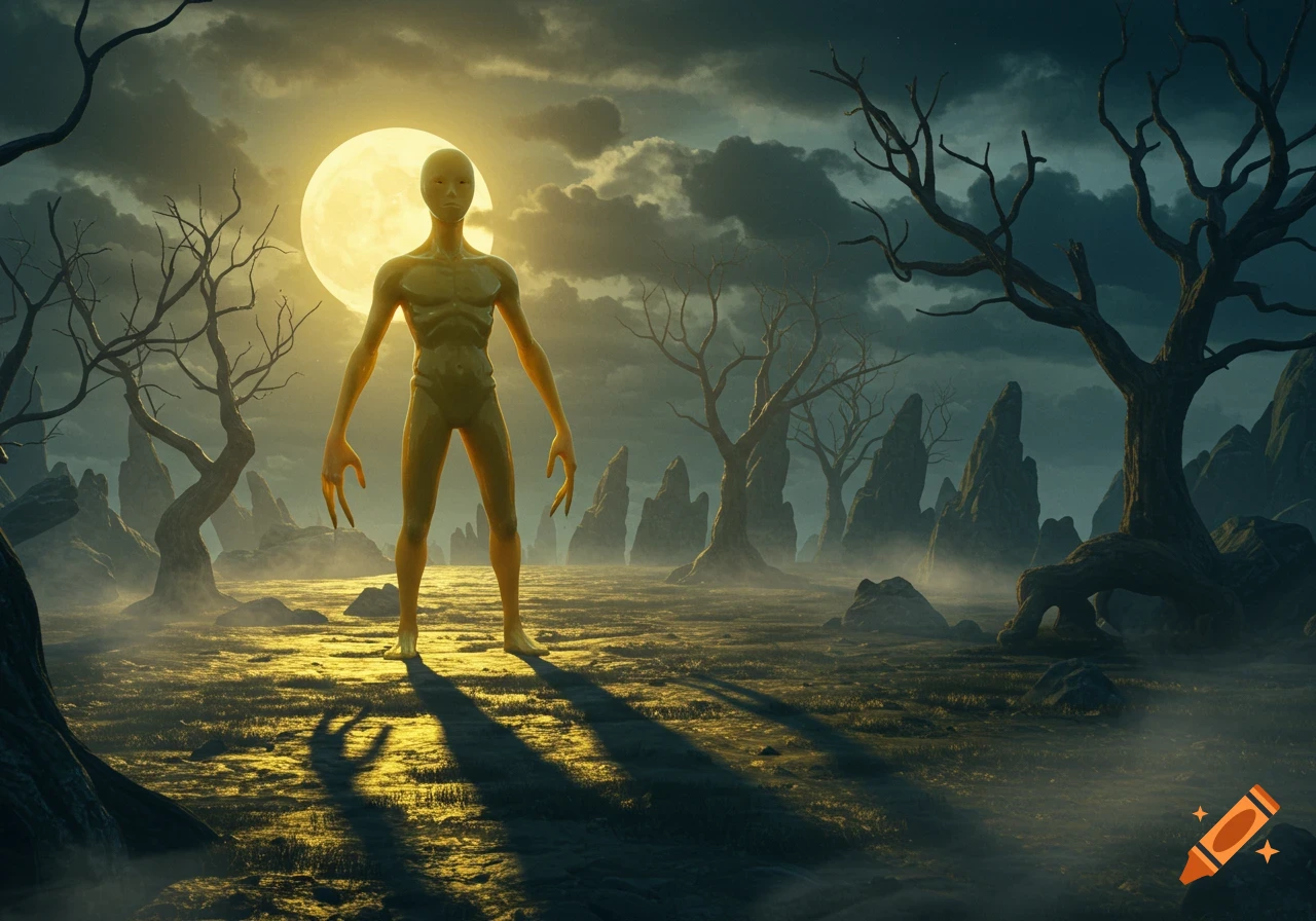 A yellow-skinned, faceless alien figure stands in a foggy, barren ...