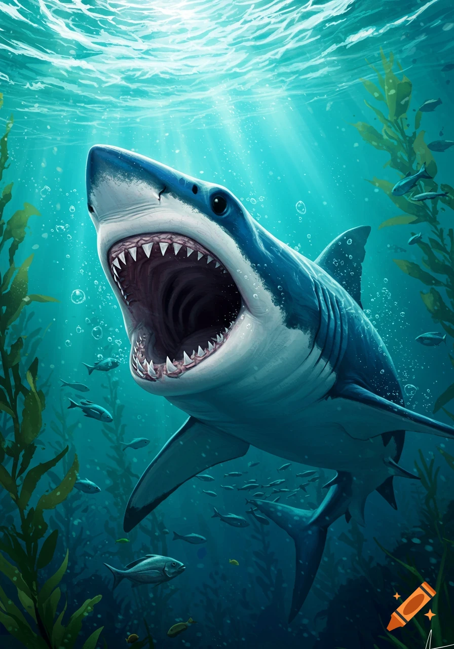 A great white shark with its mouth wide open swims through a sunlit ...