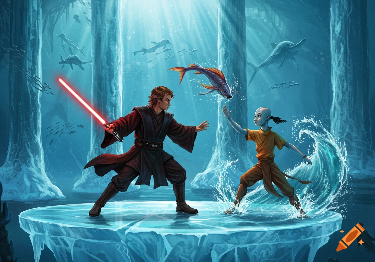 Anakin Skywalker and Aang in an underwater ice cavern, Anakin with a ...