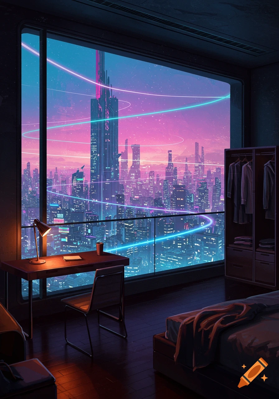 An inviting illustrated office space in an autobody shop, featuring a ...