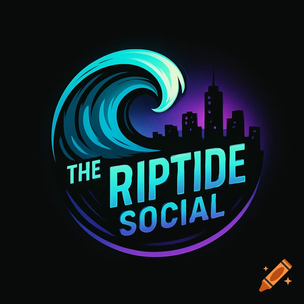 A stylized logo featuring a teal ocean wave and a purple cityscape ...