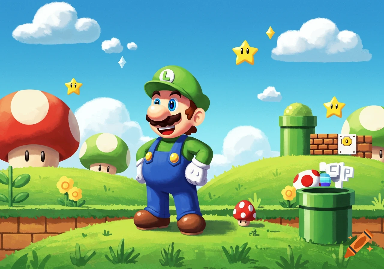 Mario jumping in a vibrant, cartoonish video game world with mushrooms ...