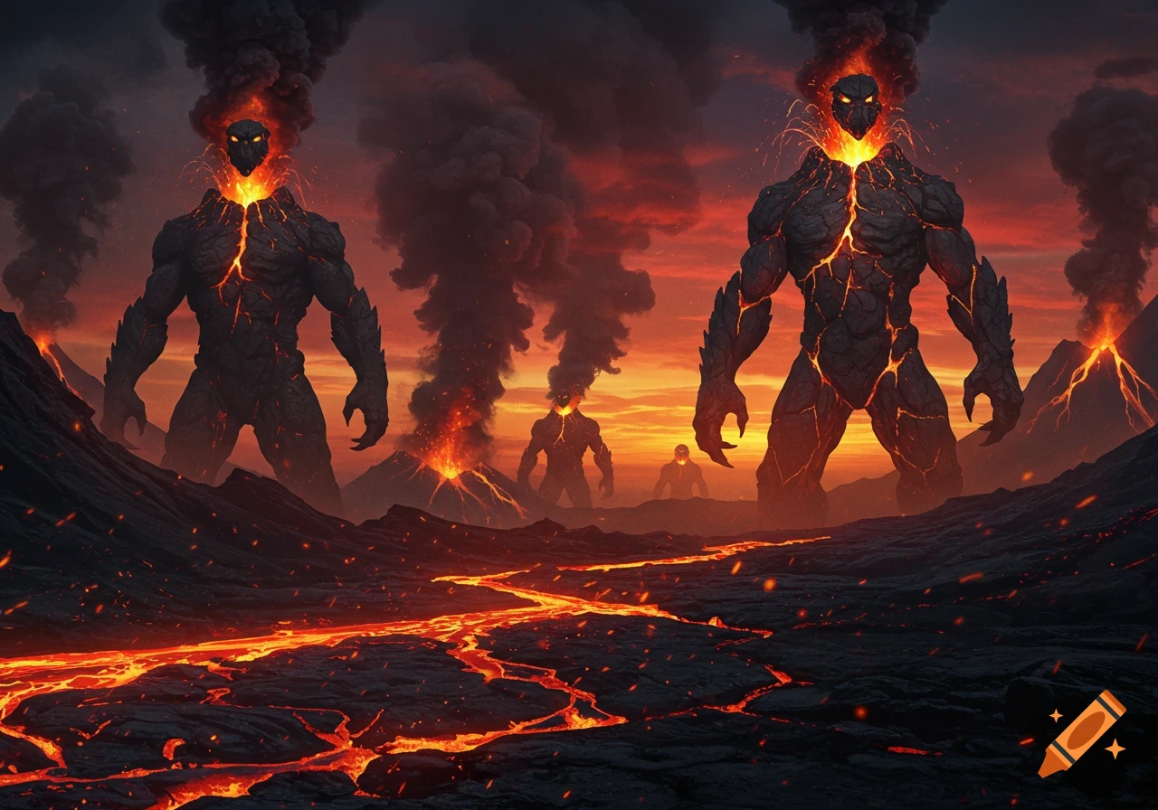 A bald Black child in a wheelchair floats above an erupting volcano ...