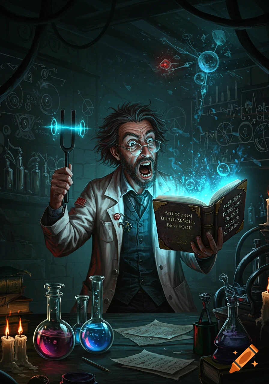 A mad scientist with wild hair and a lab coat shouts in a dark, glowing ...