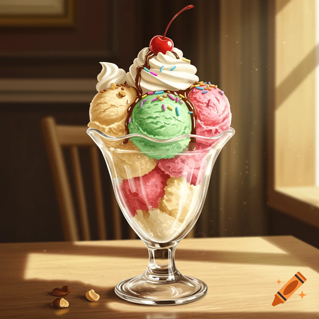 Strawberry ice cream sundae with blue sprinkles and a strawberry on Craiyon