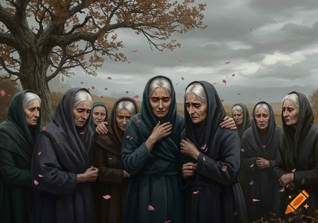 Four people in loose, natural-colored linen clothing and straw hats ...