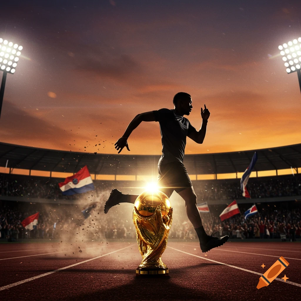 A silhouetted runner sprints past a glowing golden trophy on a stadium ...